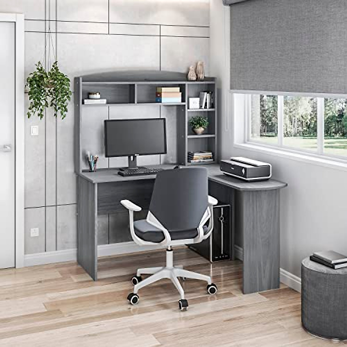 Techni Mobili Modern Hutch L-Shaped Computer Desk, Grey