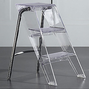 Acrylic 3 Step Ladder Step Stool Transparent L44xW52xH63cm Folding Step Stool 150kg Capacity Ladder for Kitchen Electroplated Silver Iron Frame Household Stool