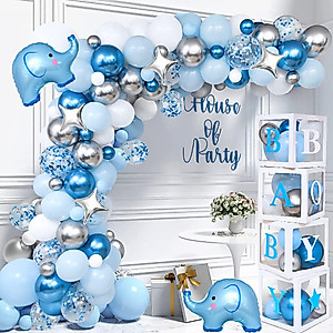 Golray 155pcs Elephant Baby Shower Decorations for Boy Baby Boxes with Letters Blue Balloon Garland Kit It's a Boy Backdrop Tablecloth Star Elephant Kid Birthday Party Supplies Baby Boy Shower Decor