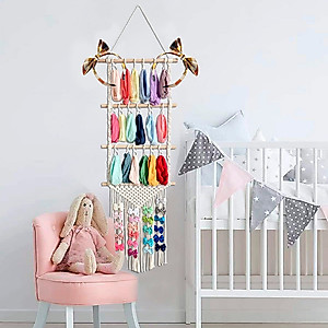 Nerien Headband Holder, Hair Bow Organizer for Girls Baby Toddler, Macrame Wood Hair Accessories Wall Closet Hanging Storage Display, for Hair Ribbons Ties Clips, with 30 Pcs Hooks for Shower Room