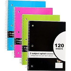 4-Pack 10½" x 8" 3 Subject Spiral Notebook, College Ruled, 120 Sheets per
