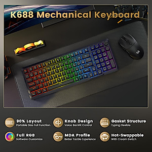Redragon Mechanical Keyboard Wireless, Gaming Keyboard Wireless 3-Modes 94 Keys Mechanical Keyboard Hot-Swap Socket, RGB Creamy Gaming Keyboard Gasket Structure for PC/Tablet/Laptop/Xbox/PS4