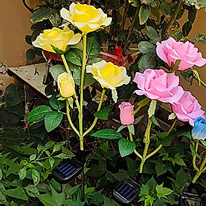 Thafikzi Solar Garden Stake Lights, 2 Pack Outdoor Solar Powered Rose LED Lights with 4 Rose Flowers, White Light Waterproof Solar Decorative LED Lights for Garden, Patio, Backyard (Yellow)