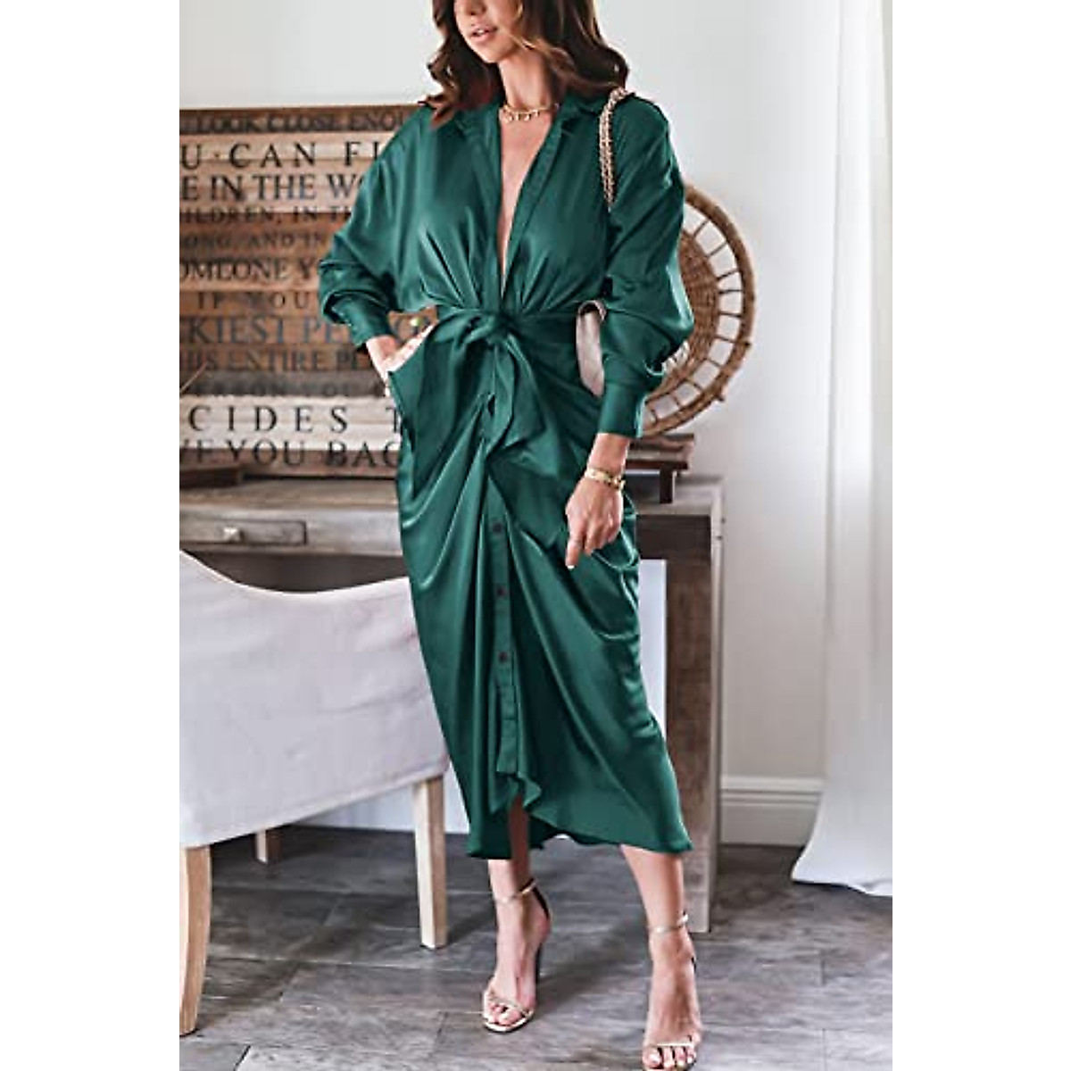 BTFBM Women 2023 Long Sleeve Lapel V Neck Button Down Satin Dress Belted Elegant Ruched Summer Fall Maxi Shirt Dresses(Solid Dark Green, Medium)