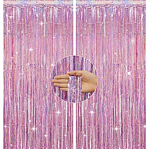 Anwyll Pink Metallic Foil Fringe Backdrop Curtains,2Pack Tinsel Curtain Party Streamers Photo Backdrop for Birthday Decoration,Glitter Pink Backdrop for Wedding Graduation Bachelor Party Decorations