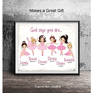 Ballet Nursery Bedroom Wall Art - God Says You Are Bible Verses - Religious Room Decor - Little Girls Toddler Baby Room decoration - Pink Ballerina Daughter Gift - Christianity Religion Poster 8x10