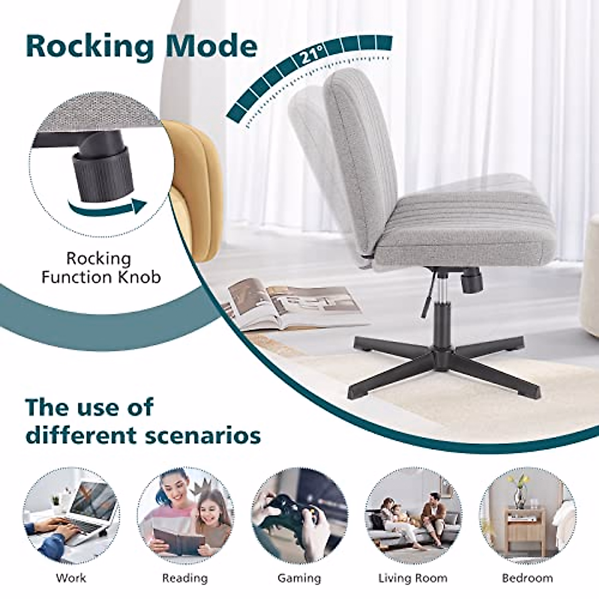 OLIXIS Cross Legged Armless Wide Adjustable Swivel Padded Home Office Desk Chair No Wheels, Grey