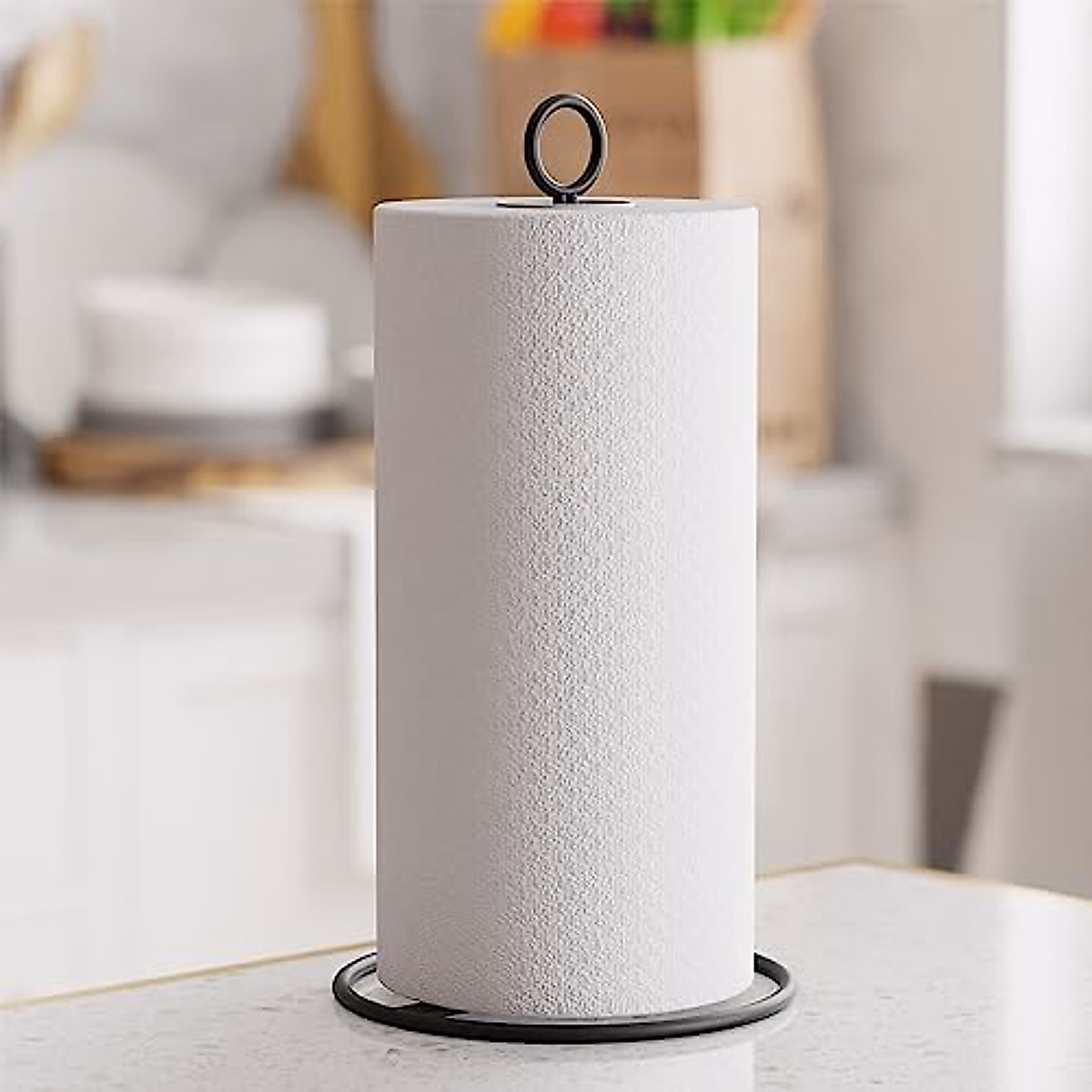 Black Paper Towel Holder Countertop, Kitchen Paper Towel Stand Holder for Kitchen Organization and Storage Standard and Large Size Rolls (Black)