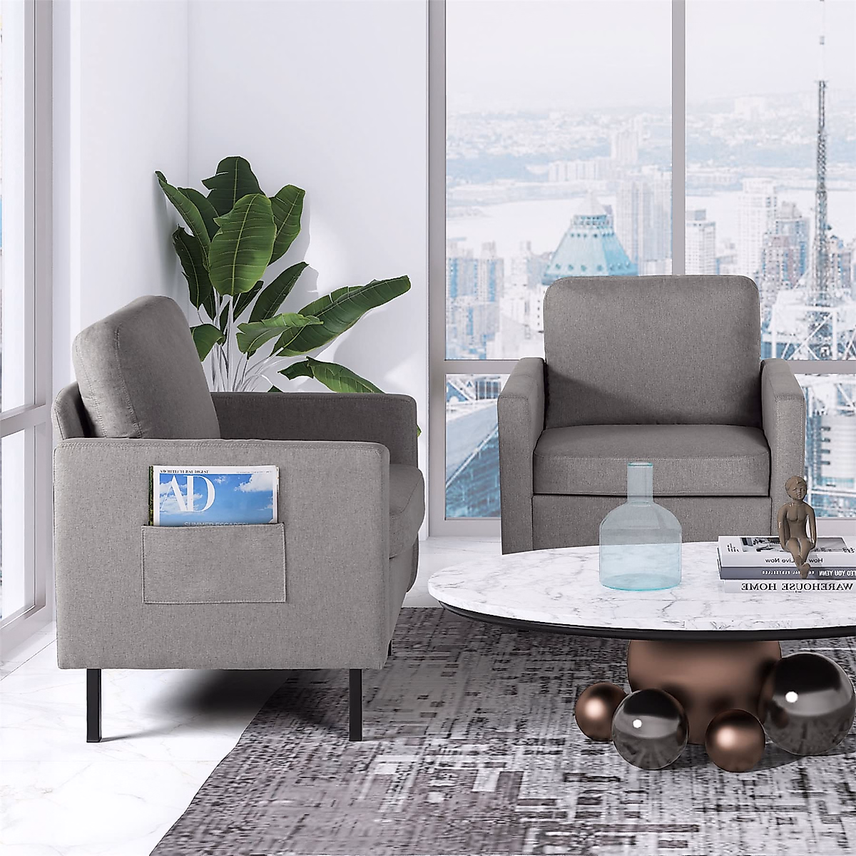 STHOUYN Fabric Comfy Small Accent Chair Set of 2 Living Room Bedroom Chairs, Reading Arm Chair for Adults, Suitable Small Spaces Office Couch, Light Grey (2, Light Grey)