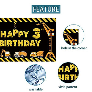 Joyiou Construction Theme Happy 3rd Birthday Decorations Backdrop Banner for Boy Kids, Three Years Old Yellow Black Dump Truck Birthday Party Excavator Crane Sign Supplies Photo Booth Props (5* 3 ft)