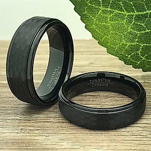 8mm/6mm His and Hers Black Tungsten Ring, Personalized Tungsten Rings, Hammered Tungsten Rings, Anniversary Rings TCR496 (With Inside Engraving)