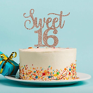 Sweet 16 Cake Toppers Rose Gold Glitter, Sweet 16 Cake Topper, Sweet 16 Birthday Cake Topper, 16th Birthday Cake Topper, Sweet 16 Decorations for Cake, Sweet 16 Decorations (Double Sided Glitter)
