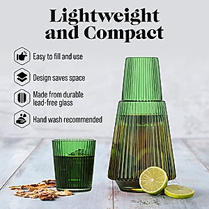 American Atelier Vintage Bedside Water Carafe with Tumbler – 37 Oz Ribbed Pitcher and Matching Drinking Glass Doubles as Lid for Guest Room, Office, or Gift, 4.5”x 9.25" (Green)