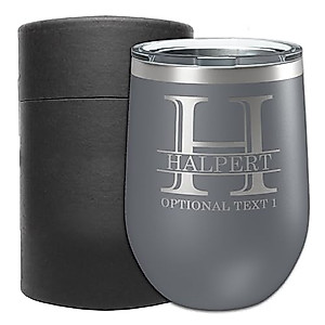 Personalized 12oz (17 Colors) Powder Coated Stainless Steel Stemless Wine Tumbler with Lid, Custom Etched, Customized Gift for Women Her, Wine Lover, Halpert Monogram Initial Name (Gray)