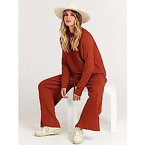 ANRABESS Women's 2 Piece Sweater Lounge Set Creneck Long Sleeve Ribbed Knit Pullover Crop Top and Straight Pants 582shenxiuhong-S Rust