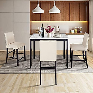 LZ LEISURE ZONE 5 Piece Counter Height Dining Table Set, Dining Table and Chairs Set for 4, Faux Marble Modern Kitchen Table with Chairs for Home or Restaurant, White+Beige