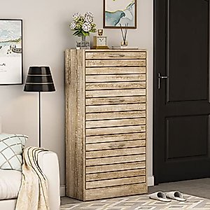 AGOTENI Shoe Cabinet, Natural Narrow Shoe Cabinet with 3 Flip Doors & Adjustable Shelf, Modern Shoe Storage Cabinet for Entryway Hallway (22.4”W x 9.4”D x 42.3”H)
