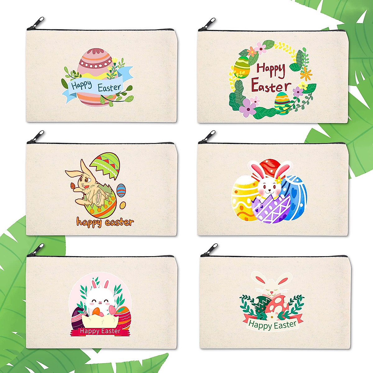 Visbouble 6 Pack Blank Craft DIY Canvas Makeup Bag - Cosmetic Bag with Zipper, Easter Gift Plain Pencil Case Pen Pouch for Cricut, Travel Toiletry Small Bag with 6 PCS Individual Gift Packaging