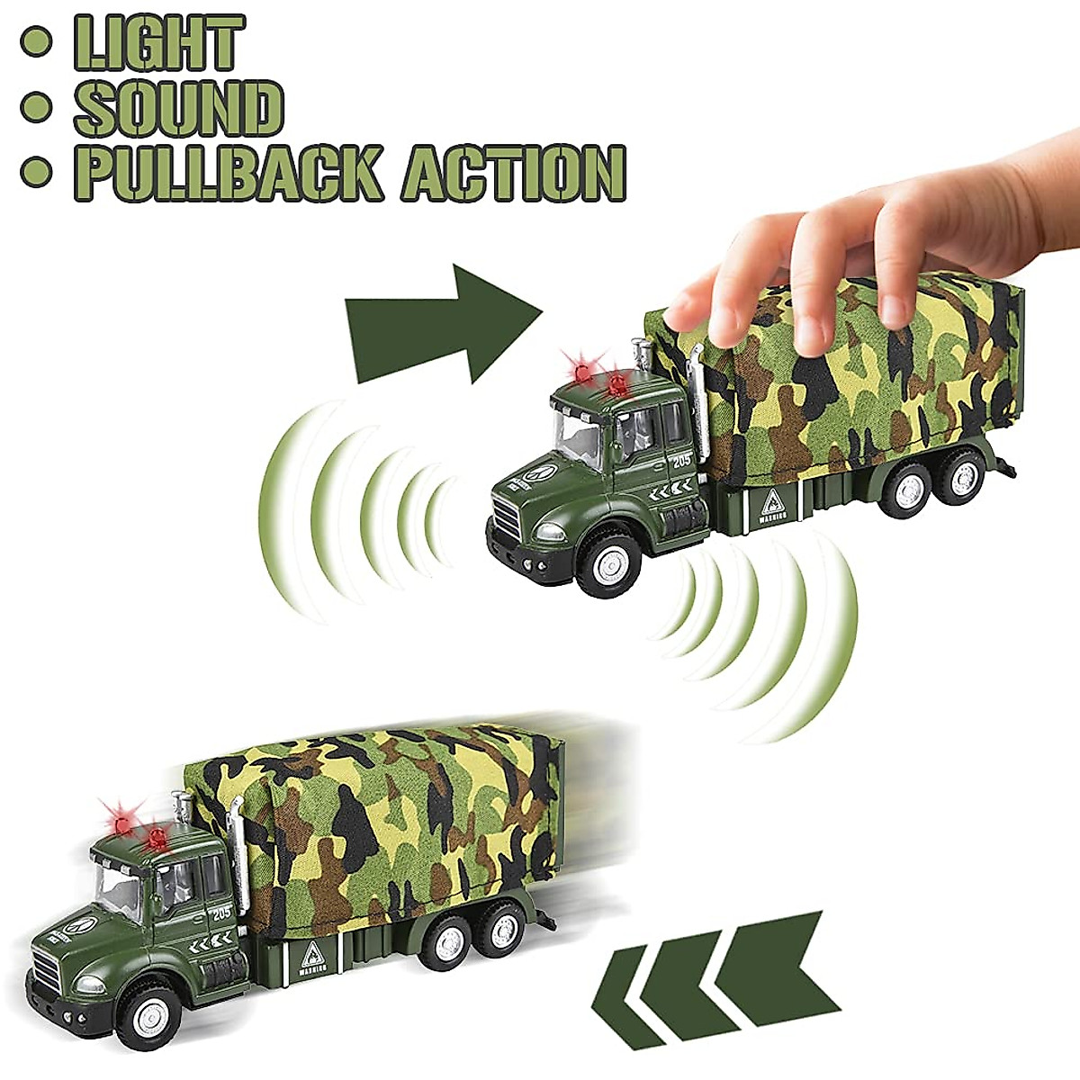 ArtCreativity Light Up Army Toy Trucks with Sound, Set of 6, Pullback Toy Military Vehicles with Functional Parts, Classic Army Toys for Boys & Girls, Military Party Decorations and Favors
