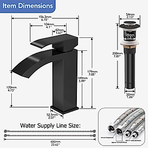 Phiestina Matte Black Waterfall Single Handle One Hole Bathroom Sink Faucet, Square Single Hole Basin Faucet with Metal Pop-up Drain with Overflow and Water Supply Line, BF01049-N1-MB