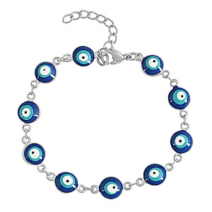 Edforce Stainless Steel Women's Charm Bracelet Green | Gold Enamel Evil Eye Protection Link Chain Adjustable, 8" (Aqua, Silver-and-Stainless-Steel)
