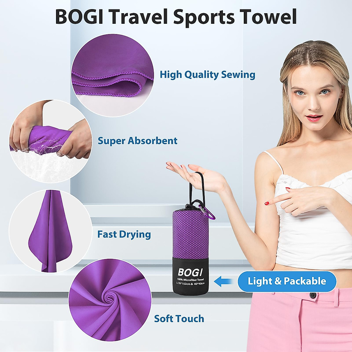 BOGI Microfiber Quick Dry Sports Towel, Purple, 60"x30"+16"x16"