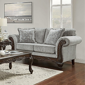 Roundhill Furniture Hernen Carved Wood Frame Loveseat, Gray