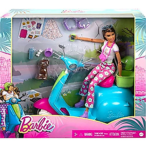Barbie Fashionistas Doll and Scooter, Travel Playset with Stickers, Pet Puppy and Themed Accessories like Map and Camera (Amazon Exclusive)