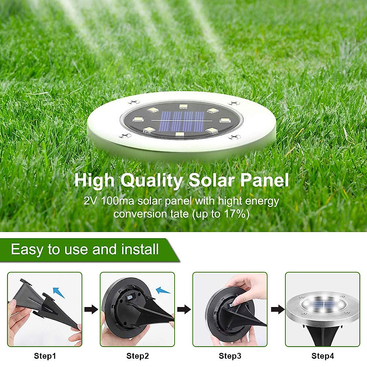 ZGWJ Solar 8 LED Disk Lights Upgraded Outdoor Ground Garden Landscape Lights for Lawn Pathway Yard Deck Patio Walkway (White)