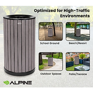 Alpine 32 Gallon Commercial Outdoor Trash Can - Heavy Duty Garbage Can Outdoor, Industrial Open Top Trash Can with Plastic Panels for Patio, Parks, Trails, Resorts (Flat Lid - Grey)
