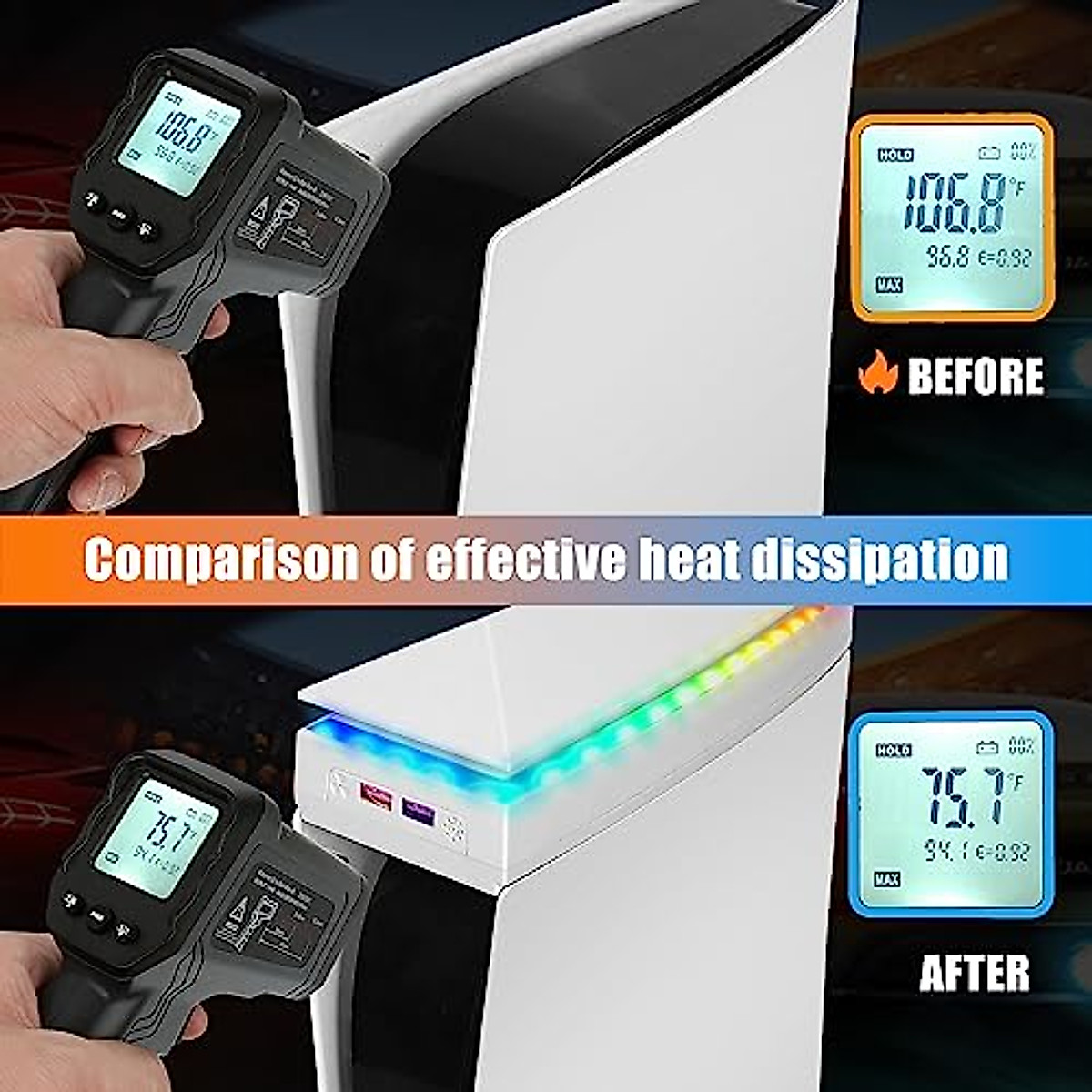 Raryars Console Cooling Fan with Dust Cover Colorful LED Light for PS5 Console Disc Edition & Digital Edition Silent Absorb Fan Cooler with 2 USB Port Playstation 5 Cooling System