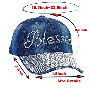 Elonmo Letter Blessed Design Womens Baseball Cap Bling Hat Rhinestone Jean Adjustable Luky Hat Gift for Her Blue