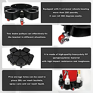 CNQLIS 5 Gallon Bucket Dolly with 5 Smooth-Rolling Swivel Casters,Two of Them Have Locking Brakes for Car Washing Detailing Smoother Maneuvering,Bearing 250lb, Black