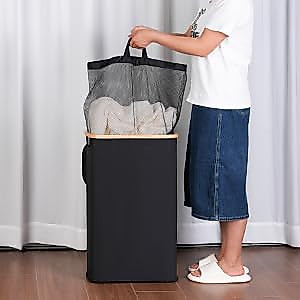 iEGrow 60L Slim Laundry Hamper with Lid,Black Hampers for Laundry,Narrow Laundry Basket with Removable Inner Bag & Bamboo Handles,Tall Thin Clothes Hamper for Clothes Toys Towels Organization