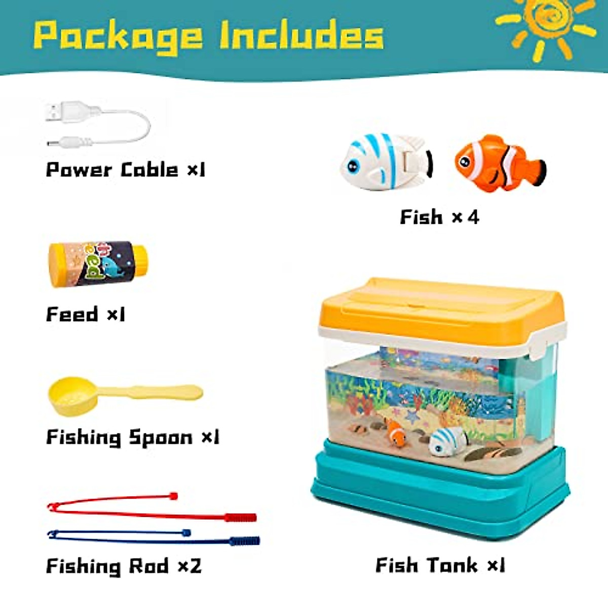 Mini Aquarium for Kids Fishing Toys Artificial Fish Tank with Moving Fish*4 with USB Light and Music Fishing Rod Fishing net