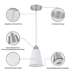 Brushed Nickel Pendant Light Set of 3,Silver Pendant Lights Kitchen Island, Dining Room Lamp Fixtures Over Table with White Fabric Shade, Modern Mini Chandeliers,Adjustable Cord Hanging Lighting