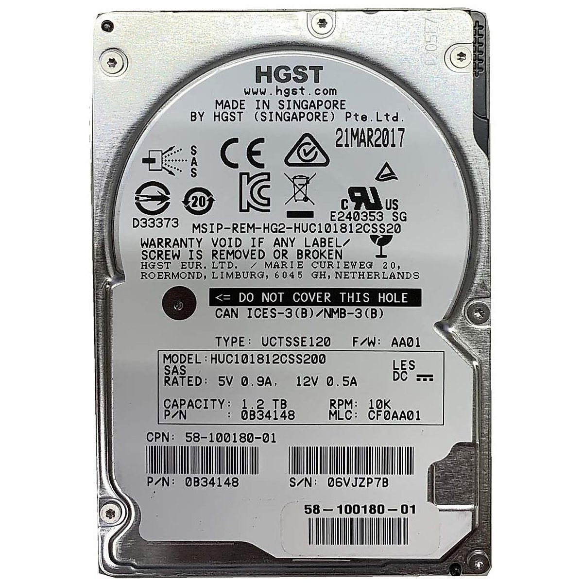 HGST 1.2TB HDD 10K RPM 2.5" 12Gb/s SAS Hard Disk Drive Model: HUC101812CSS200 DP/N: 0KV02