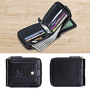 LAOSHIZI Mens Wallet with Zipper Genuine leather Black Zip Around Purse RFID Blocking Bifold ID Window With Coin Pocket