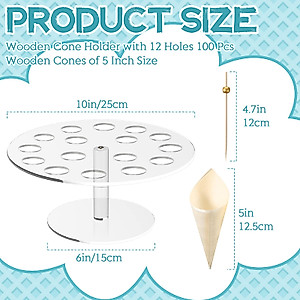 Queekay Clear Acrylic Ice Cream Cone Holder Stand 16 Holes Food Stand with 100 Disposable Wood Cones and 100 Cocktail Picks for Kids Birthday Party Decoration Supplies Wedding Restaurant Catered Event