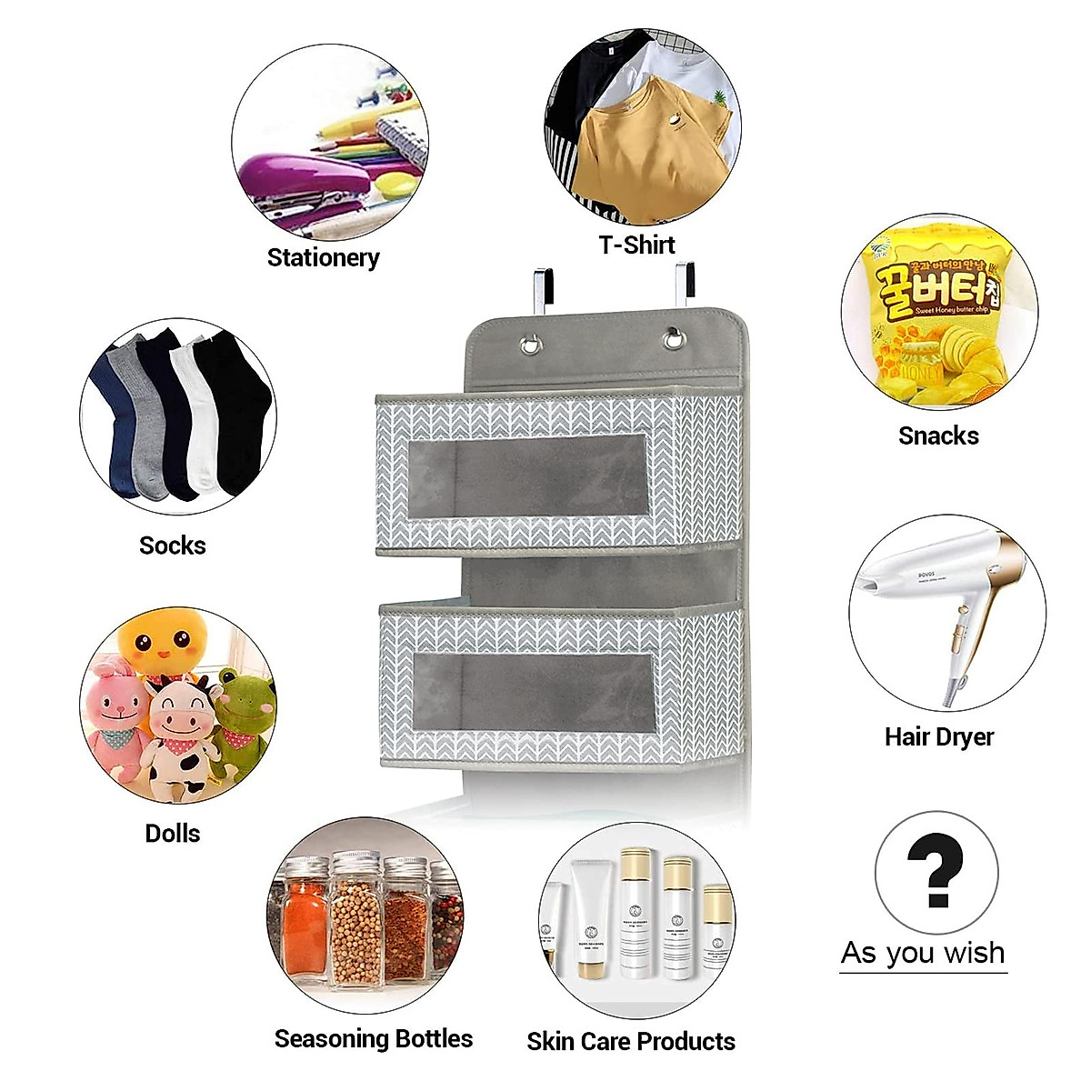 2 Pack Over the Door Hanging Organizer with 5 Large Pockets - Wall Mount Pantry Storage with Clear PVC Window & 2 Big Metal Hooks for Closet,Bathroom,Nursery,Bedroom,Dorm,Baby Diapers,Kids Toys