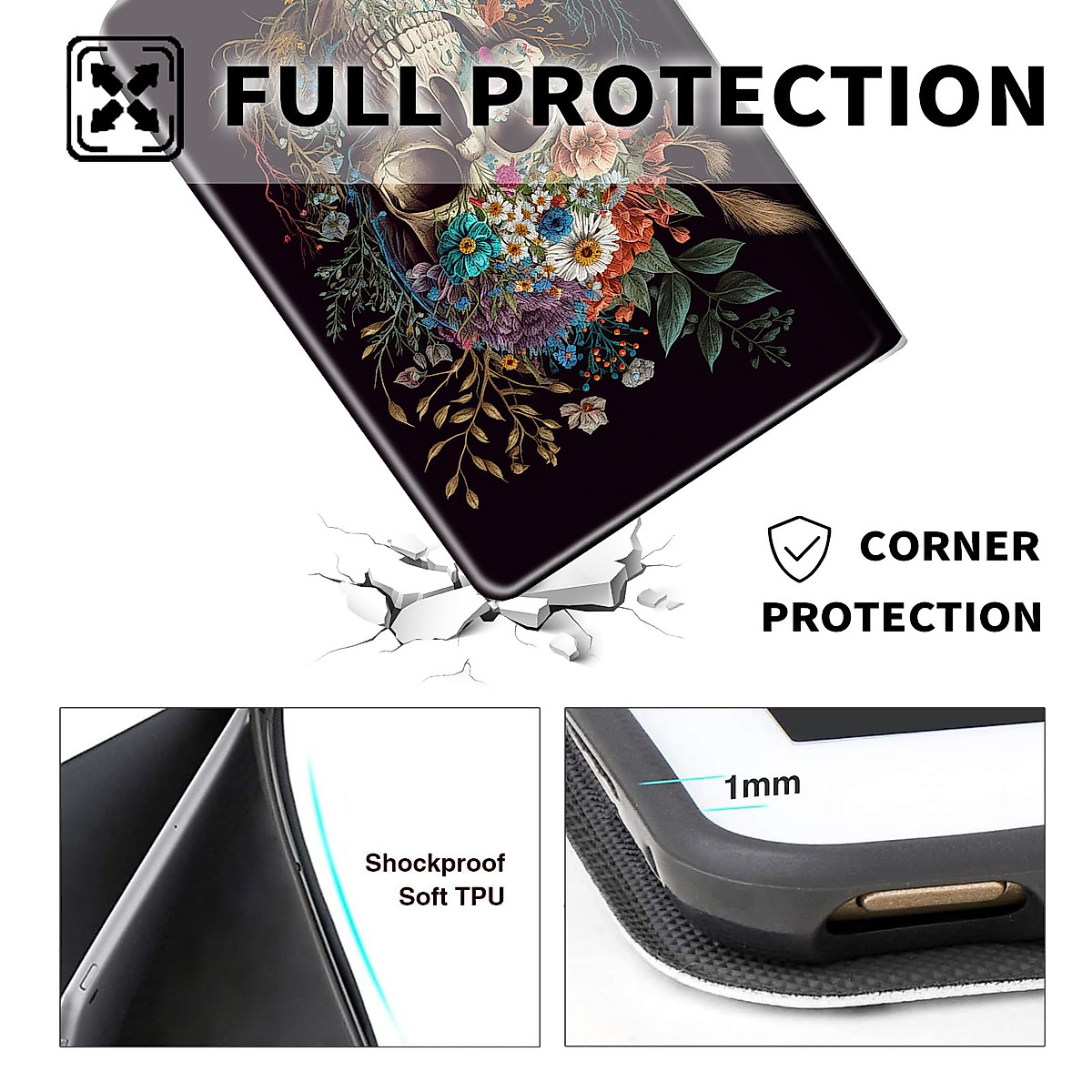 Case for iPad Pro 11 inch 4th/3rd/2nd Generation (2022/2021/2020) Slim PU Leather Multi-Angle Smart Folio Stand Cover with Auto Wake Sleep, Flower Skull Aesthetic