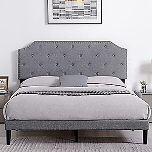 QZhommer Full Size Bed Frame, Modern Upholstered Platform Bed with Adjustable Button Tufted & Riveted Headboard with Wood Slat Support, Easy Assembly, No Box Spring Needed(Grey)