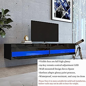 Uspeedy 71in Floating TV Stand, High Gloss Entertainment Center for TVs Up to 80 inch,Led Stand Wall Mounted with LED Lights,TV Console Shelf,Media Furniture(Black 1)