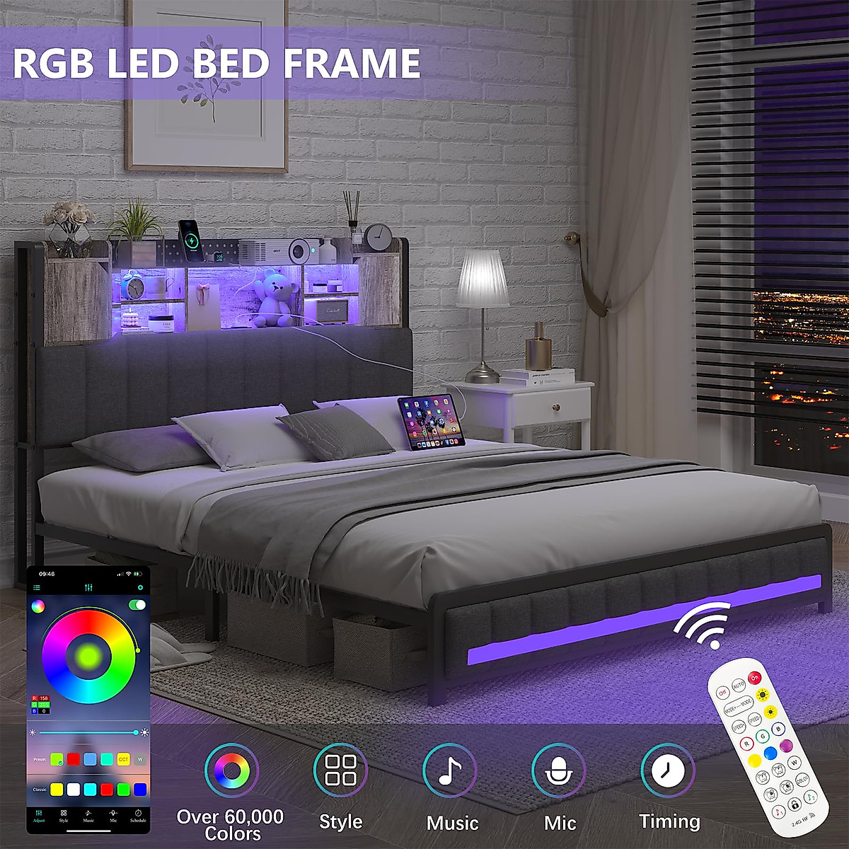 Queen Bed Frame with 3-Tier Headboard & 2 Hidden Storage, LED Lights Upholstered Bed Frame Queen Size with Charging Station, Platform Metal Bed Frame with Storage, No Box Spring Needed, Charcoal Gray