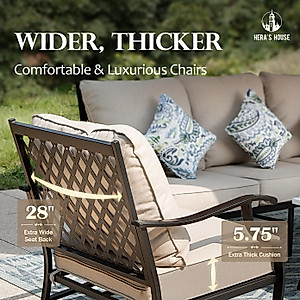 HERA'S HOUSE 4 Piece Patio Furniture Set, 2 x Metal Frame Cushioned Chair, 3-Seat Sofa with Marbling Coffee Table, All Weahter Outdoor Conversation Set for Lawn Garden Backyard