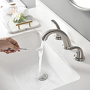 2 Handles 3 Holes Deck Mount Brushed Nickel Widespread Bathroom Faucet by phiestina,with Stainless Steel Pop Up Drain, WF008-5-BN