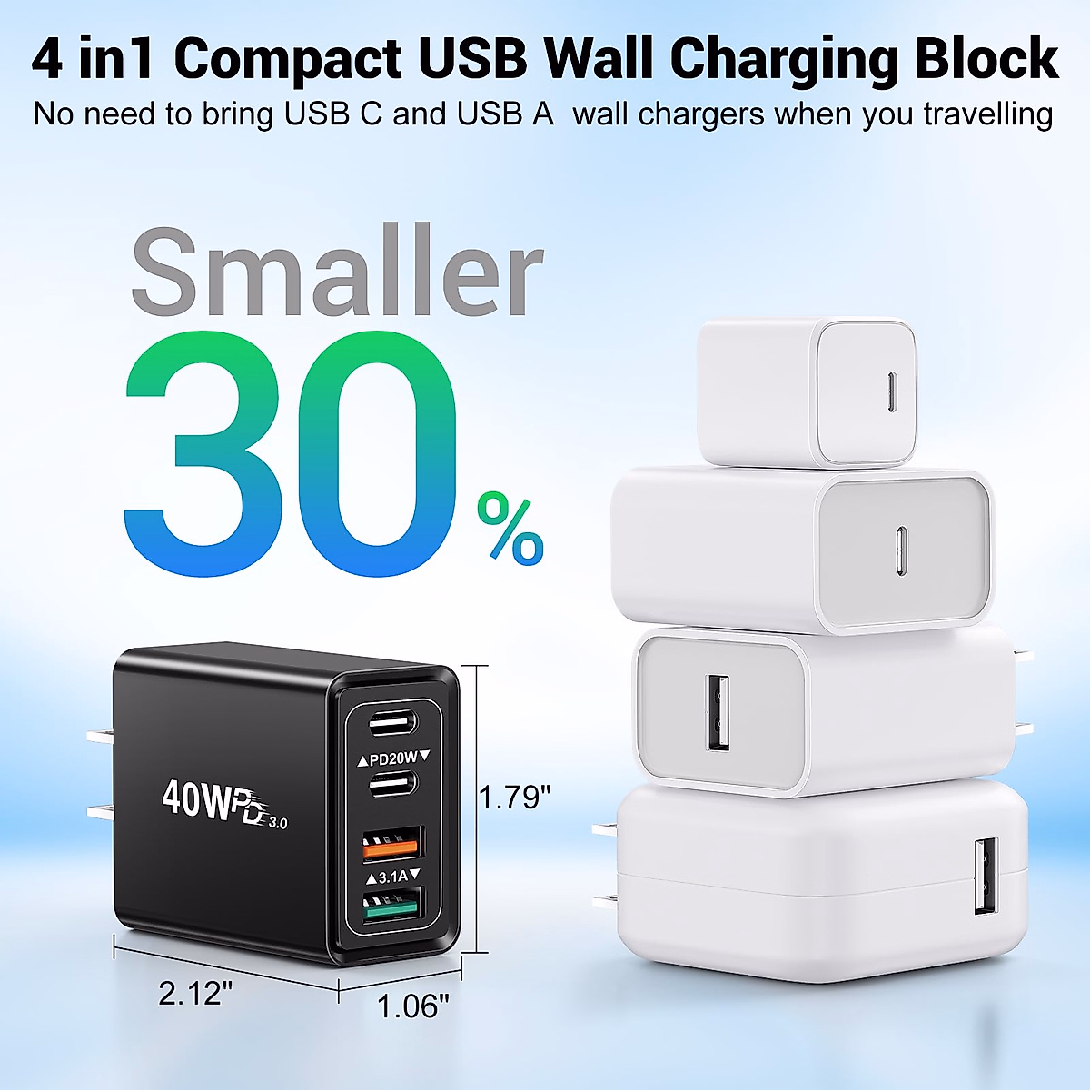 2 Pack USB C Charger Block 40W 4Port Fast Charging Brick Dual USB C Wall Charger Plug Phone Charger Cube Compatible with iPhone Pro 15 14 13 12 11 Pro Max, iPad, Samsung Galaxy, Google,Tablet