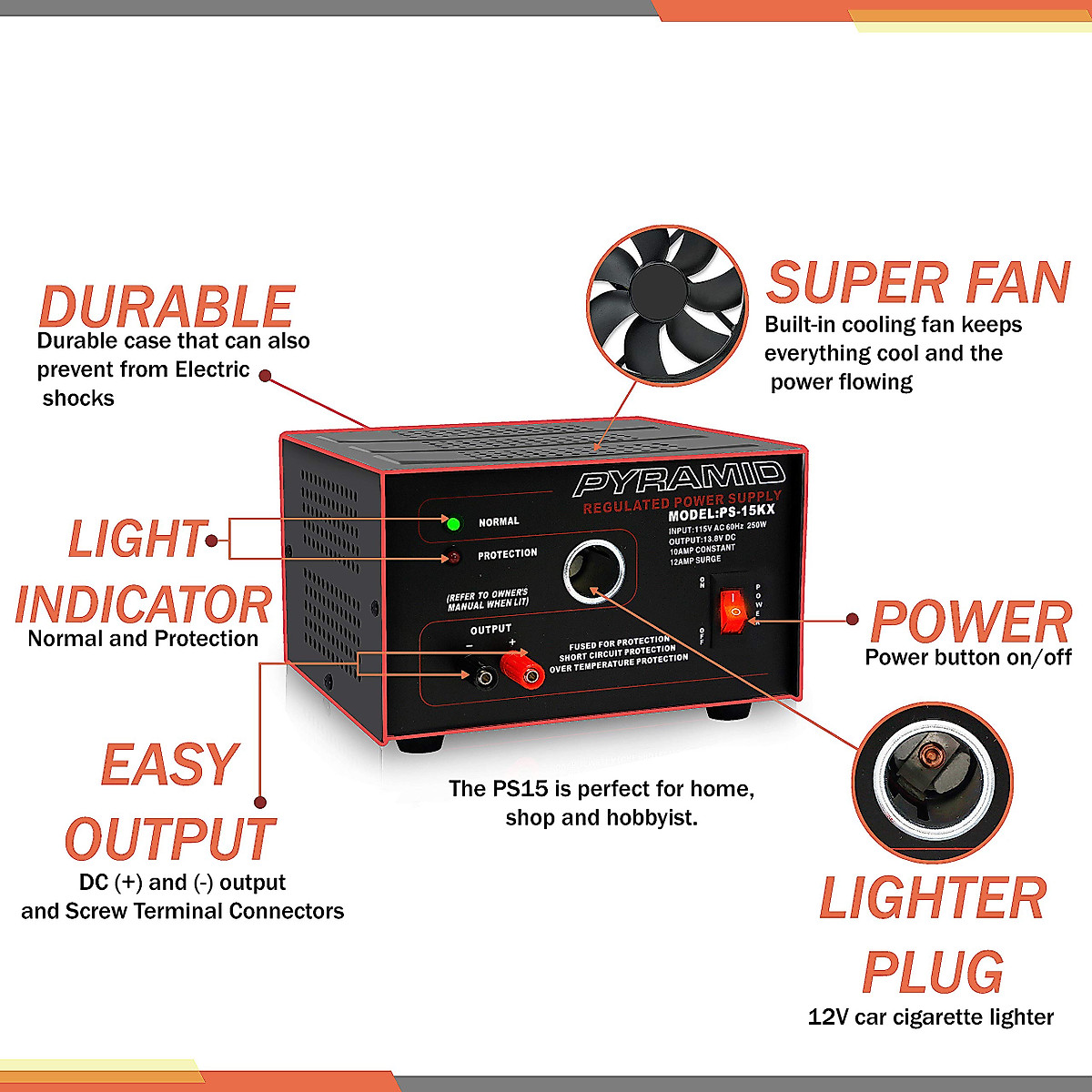 Pyramid Universal Compact Bench Power Supply - 10 Amp Linear Regulated Home Lab Benchtop AC-to-DC Converter w/ 13.8 Volt DC 115V AC 250W Input, Screw Type Terminal, 12V Car Cigarette Lighter-PS15K.5