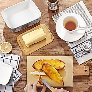 TISEMENT Versatile Butter Dish, Ceramic Embossed Butter Dish with Lid for Countertop, High-quality Butter Keeper with Bamboo Cover and Knife for Kitchen , Butter Container ,Cheese Bowl,Butter Box