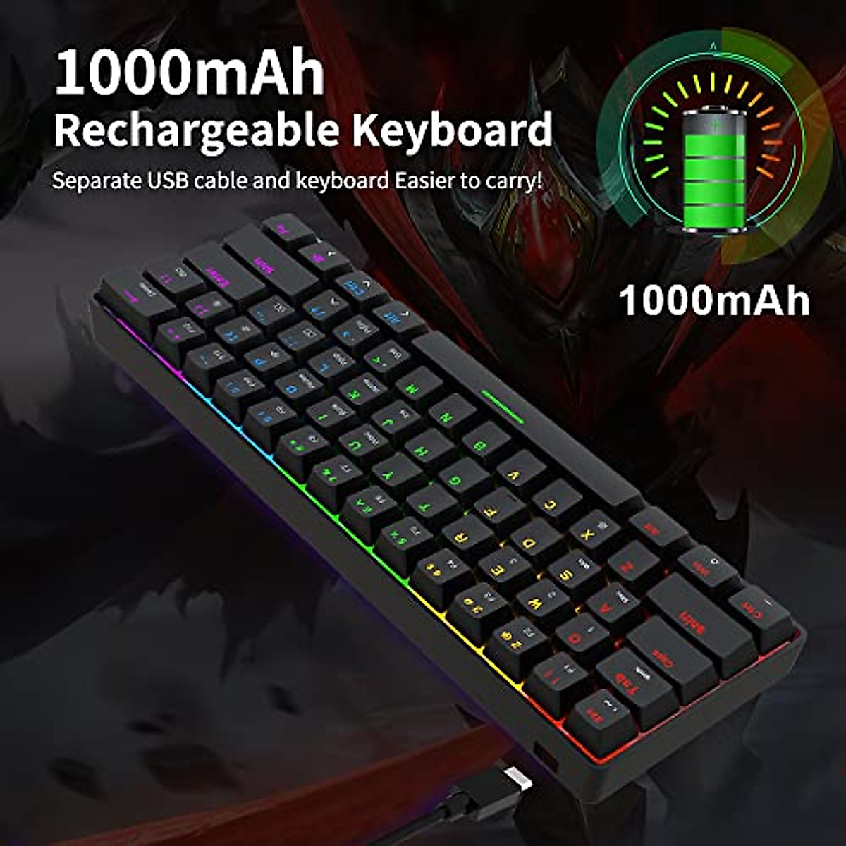 NACODEX STK61 2.4Ghz Wireless/Bluetooth/Wired 60% Mechanical Keyboard | 1000mAh Ultra Compact Rainbow Backlit Gaming Keyboard Wired Programmable for Win/Mac/PC Gamer